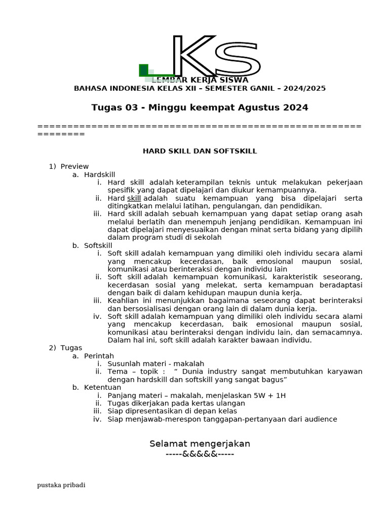 Tugas 03 - Minggu Ke-4 Agustus 2024 - Hardskill Dan Softskill - 2608 | PDF