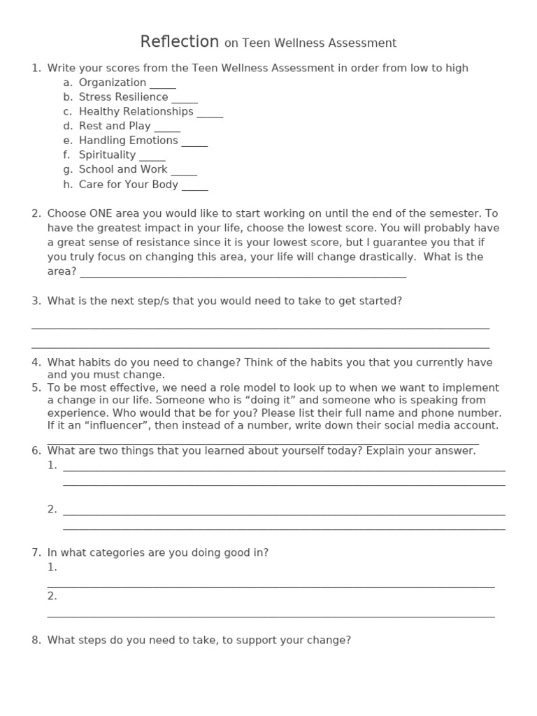 Reflection On The Teen Compass Self-Assessment | PDF