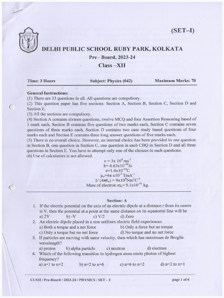 Physics Pre Board 2023-24 CL 12 | PDF