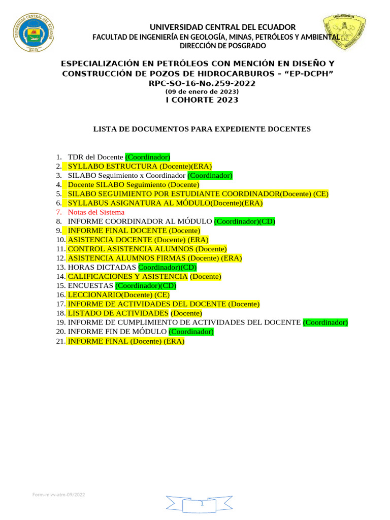 Lista de Documentos para Expediente Docente (Categorizado) | PDF