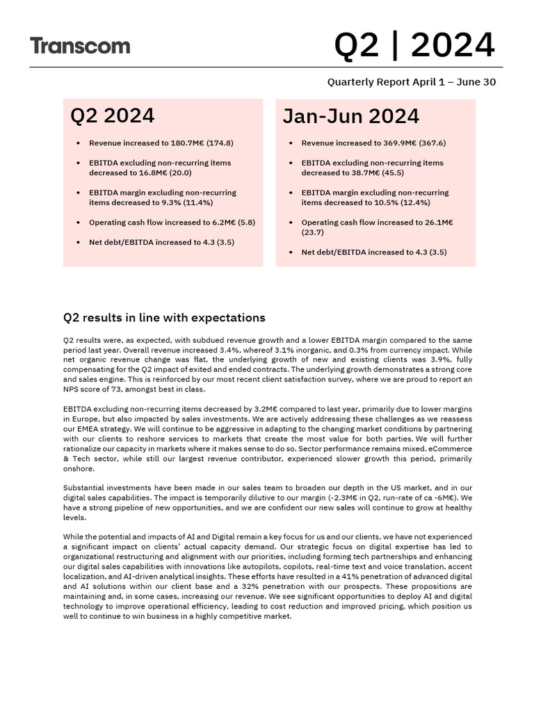 Transcom Q2 Report 2024 - Vfinal | PDF | Income Statement | Equity (Finance)