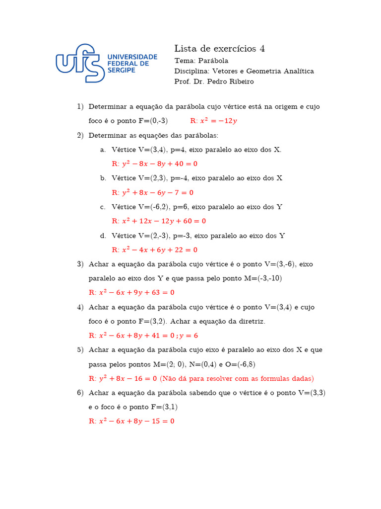 Lista 6 - Parábola | PDF