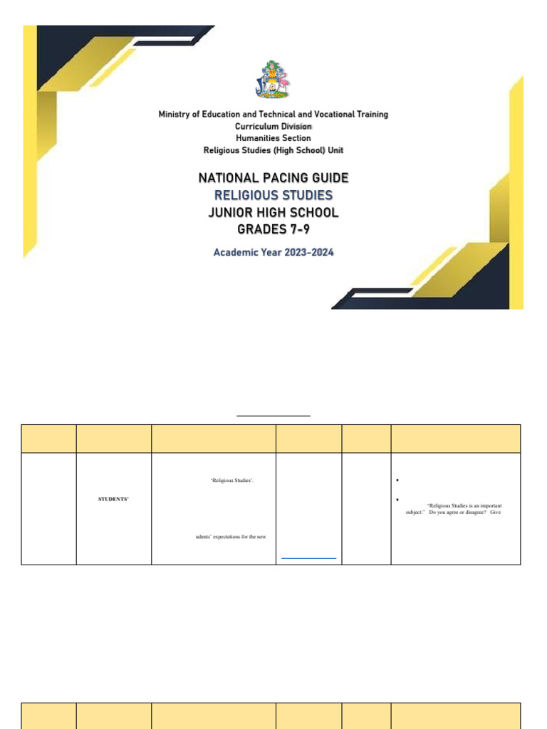 Grades 7-9 Religious Studies National Pacing Guide 2023-2024 | PDF ...
