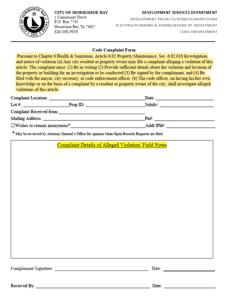 Code Complaint Form Revised 5-23 | PDF