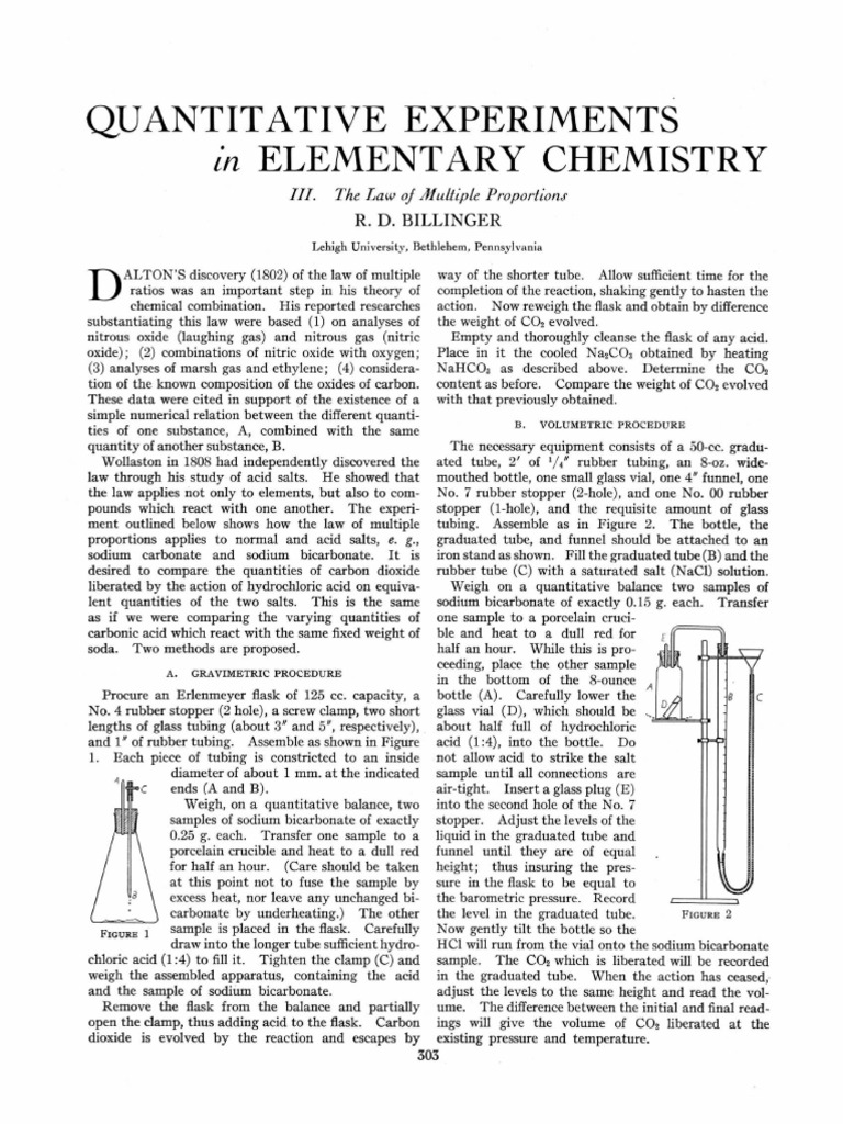 Billinger 1934 Quantitative Experiments in Elementary Chemistry III The Law of Multiple ...