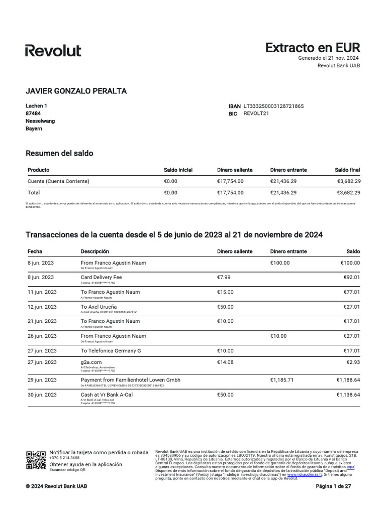 Extracto Bancario de Revolut | PDF | Lituania | Bancos