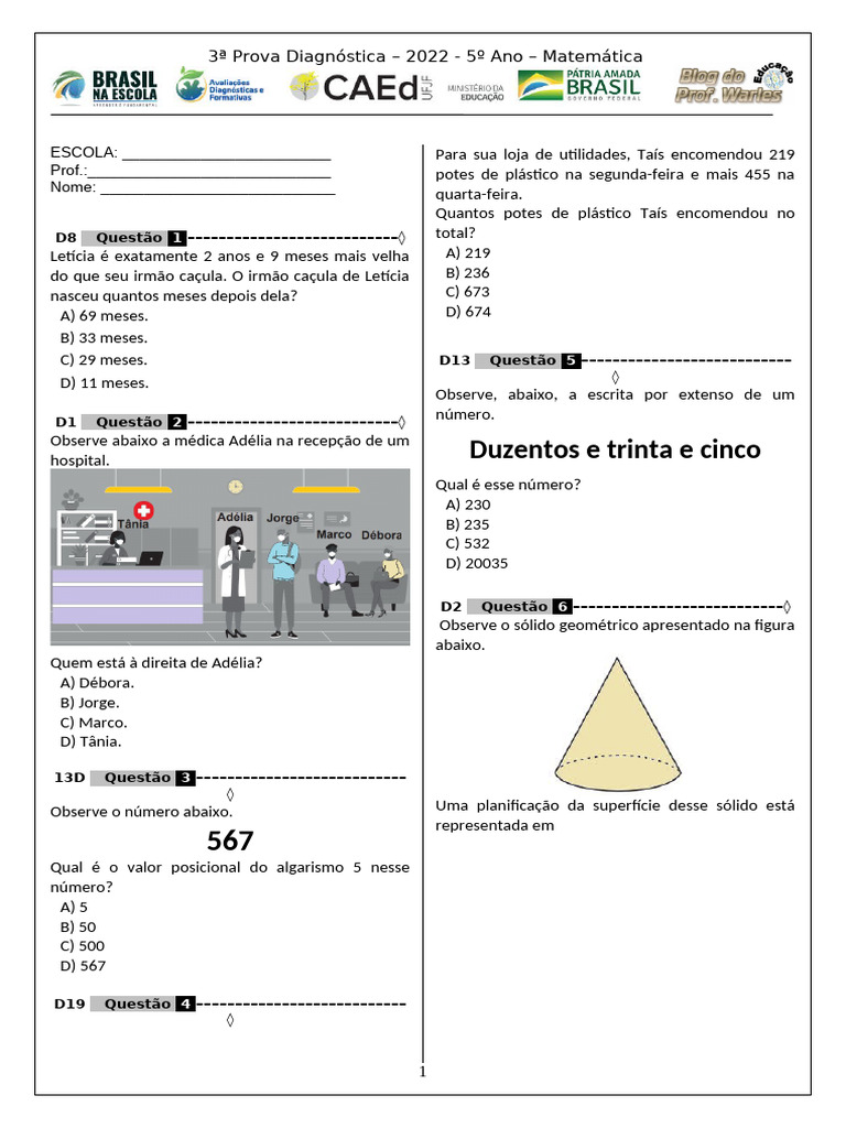 3 P.D - 2022 - Mat. 5º Ano - BPW | PDF | Matemática