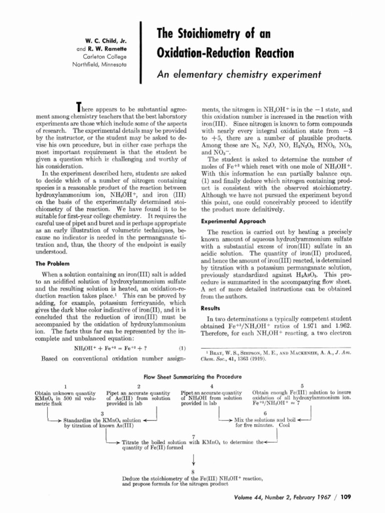 Child Ramette 1967 The Stoichiometry of An Oxidation Reduction Reaction An Elementary Chemistry ...