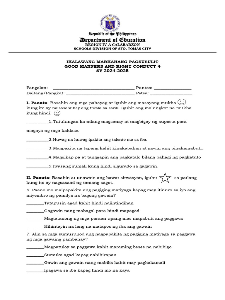 Grade 4 IKALAWANG MARKAHANG PAGSUSULIT SA GMRC | PDF