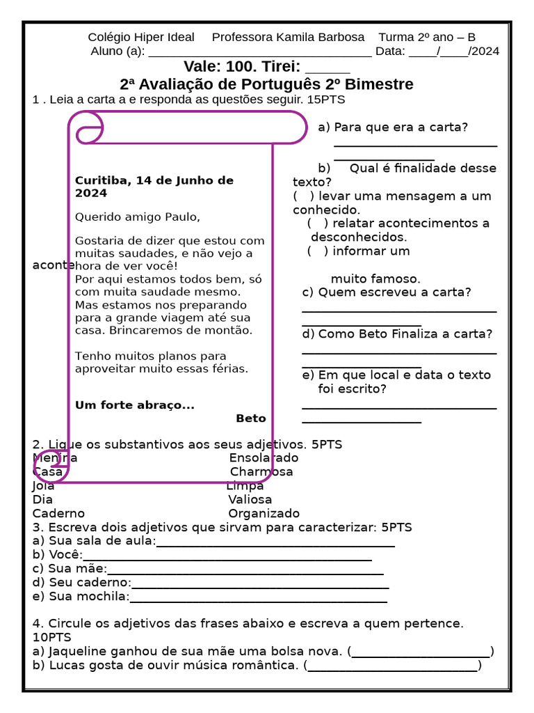 Portugues - 2a Prova - 2o Bimestre | PDF