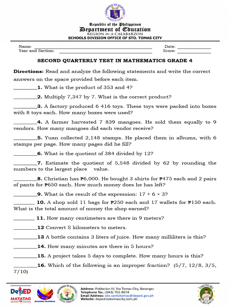 Grade 4 Math Quarterly Test Questions | PDF