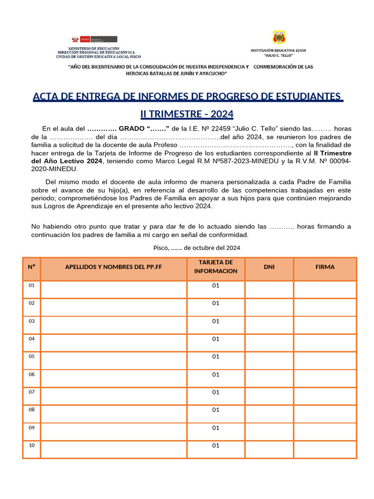 Acta de Entrega de Informes de Progreso 2024-Ultimo | PDF