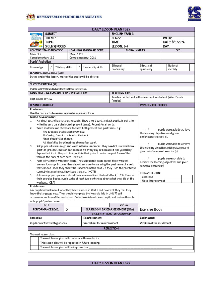 Daily Lesson Plan TS25 | PDF | Subject (Grammar) | Lesson Plan