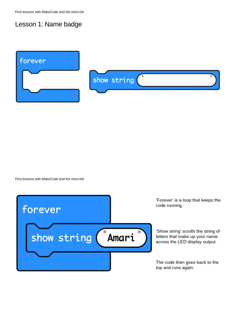 First Lessons With Make Code and The Micro Bit 1 Student Handouts Code ...
