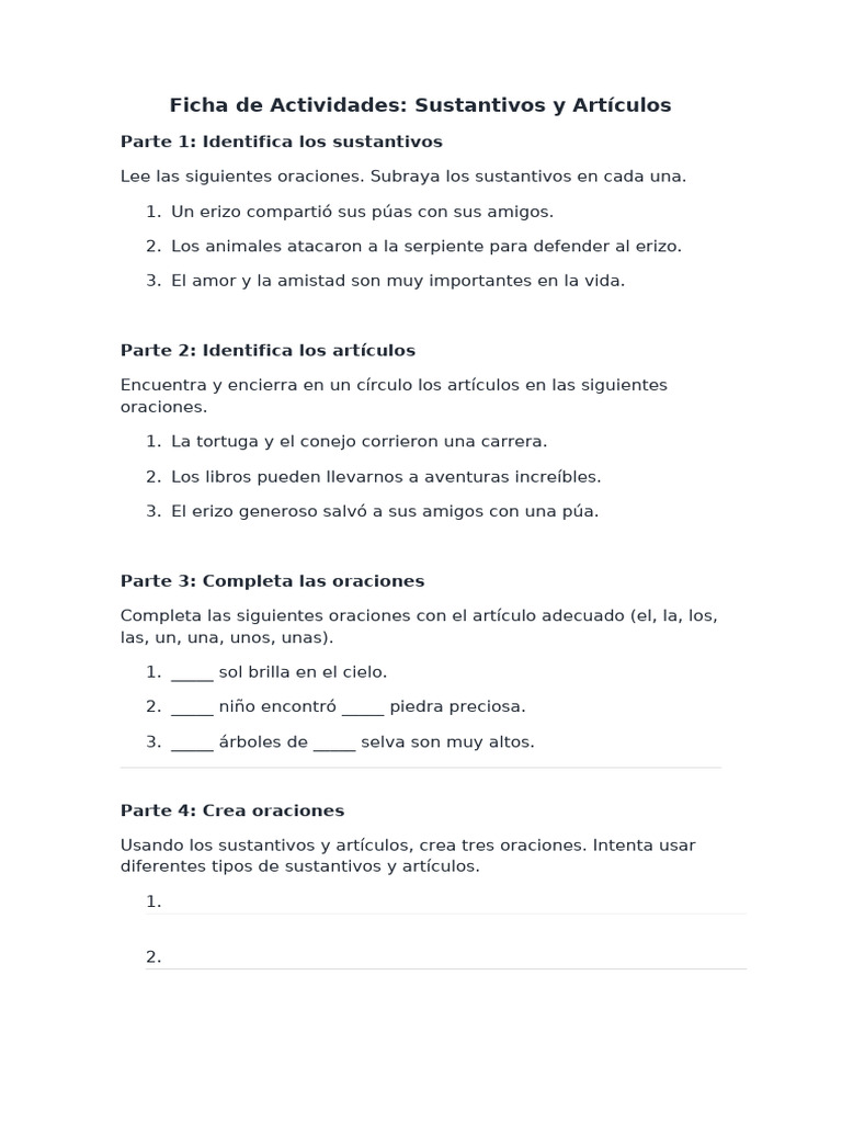 Actividades de Sustantivos y Artículos | PDF