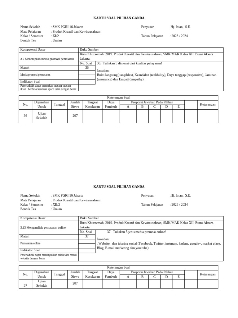 Kartu Soal Uraian Us 2024 | PDF