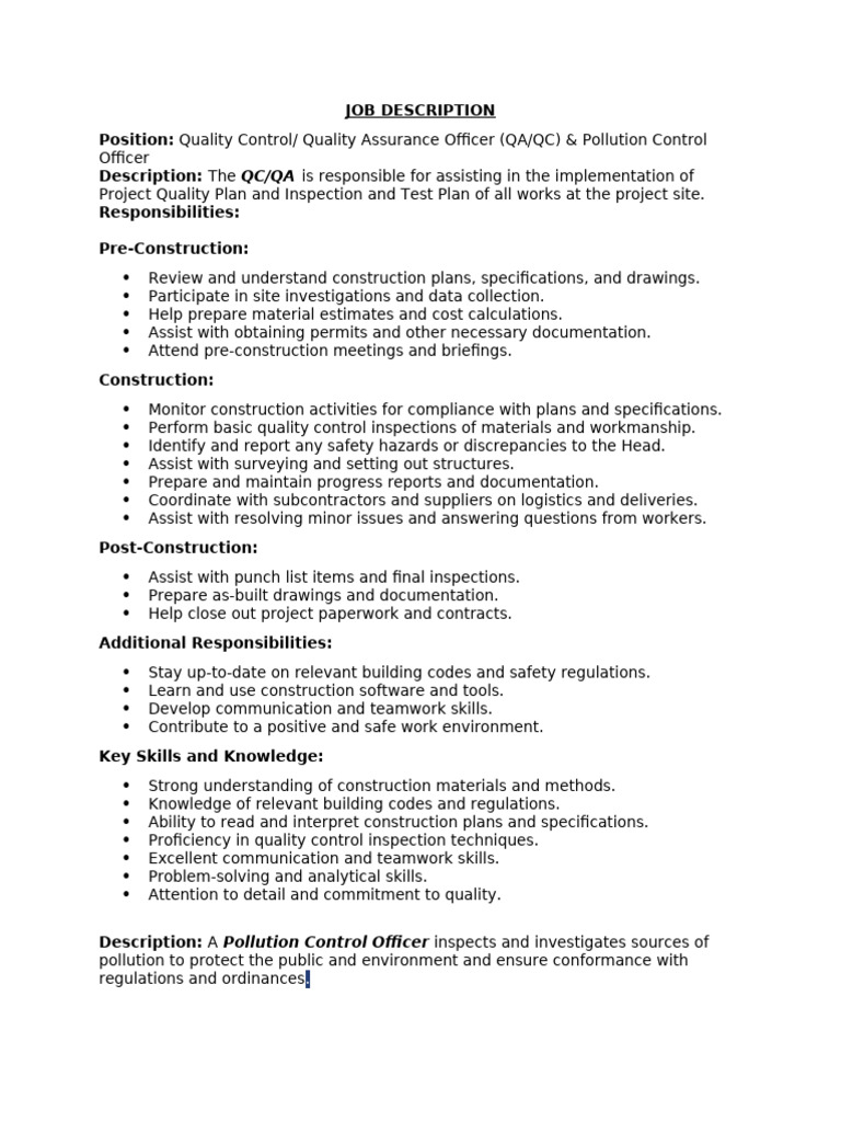 Quality Control Officer Job Description | PDF | Regulatory Compliance ...