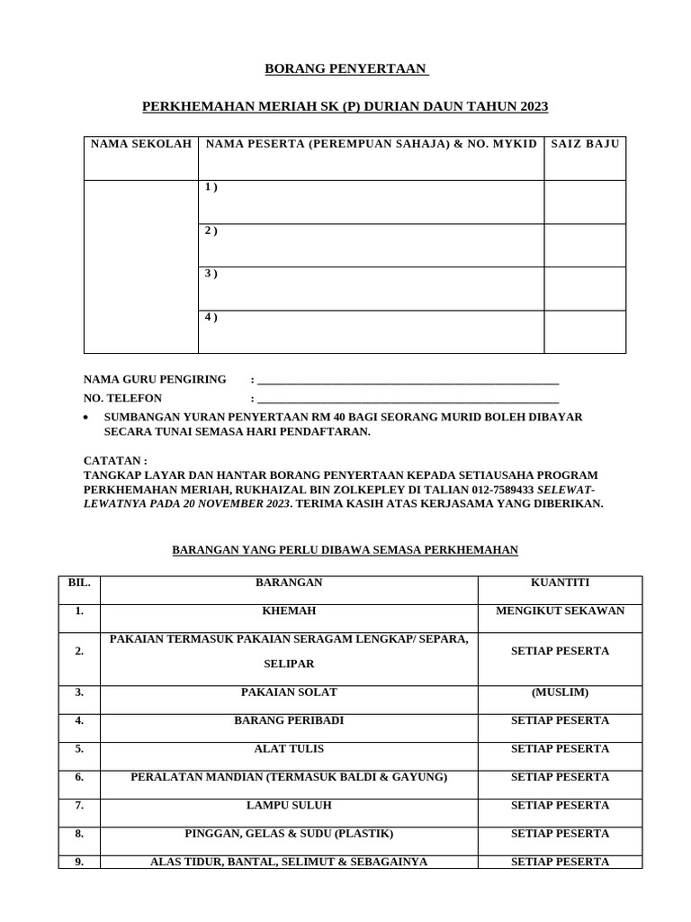 BORANG PENYERTAAN Camping | PDF