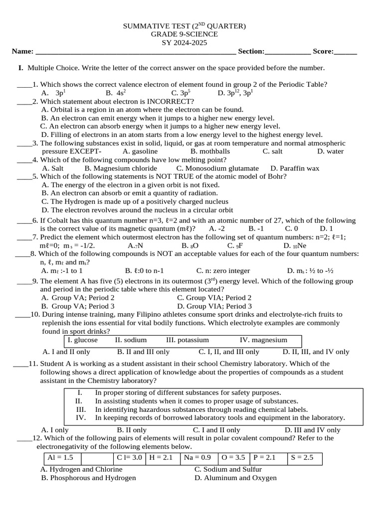 Grade 9 Science Exam | PDF | Chemical Compounds | Ionic Bonding