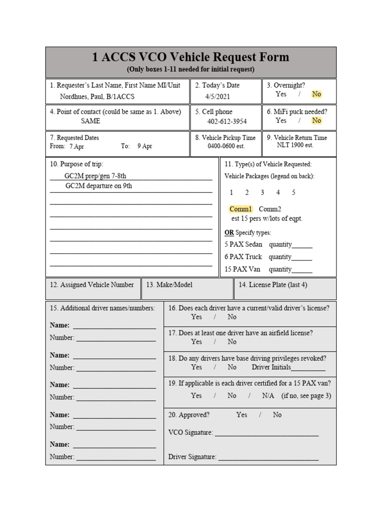 1ACCS Vehicle Request Form - NORDHUES (7-9 April) | PDF | Van | Truck