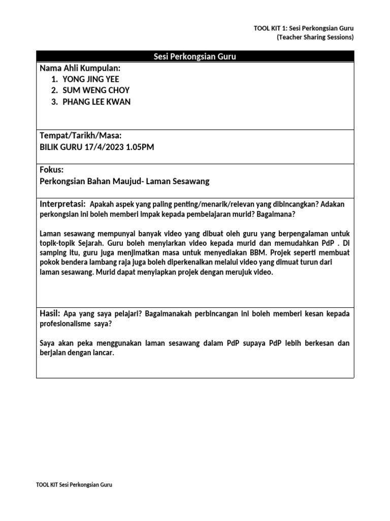 Tool Kit TS25 Teacher Sharing Form | PDF