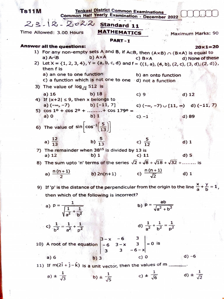 11th Maths EM Half Yearly Exam 2022 Original Question Paper Thenkasi ...
