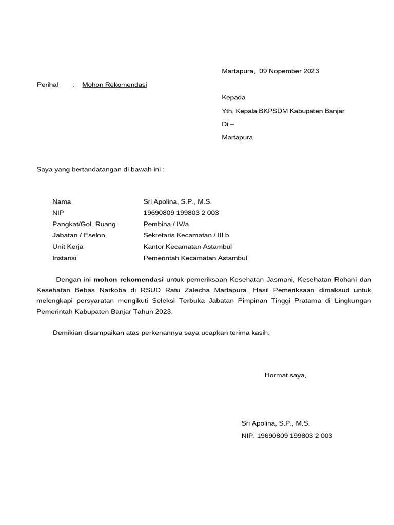 Contoh Permohonan Rekomendasi Selter Nop | PDF