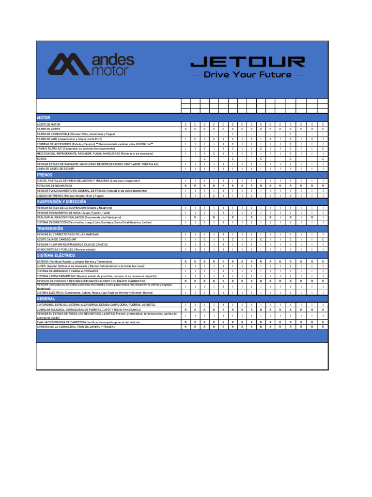 Pauta de Mantenimiento Jetour Dashing 1.5T MT | PDF | Neumático | Coche