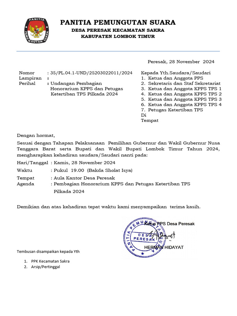 Undangan Pembagian Honor KPPS Dan Linmas | PDF