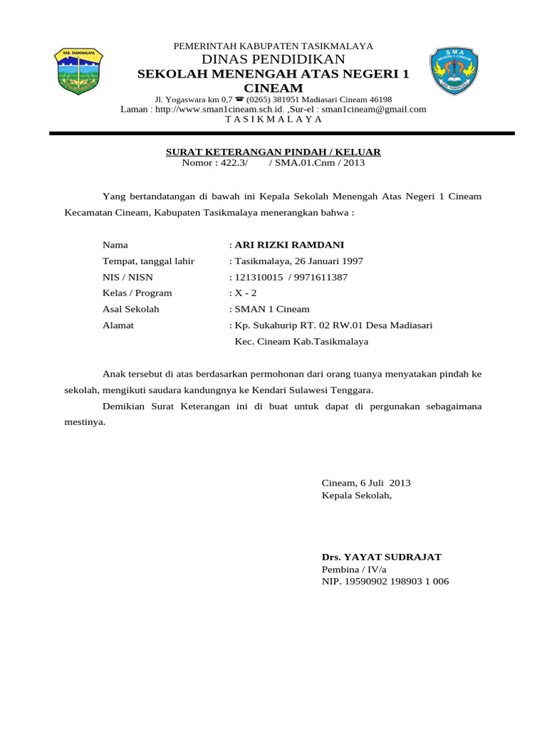 Surat Ket. Pindah ARI RIZKI RAMDANI | PDF