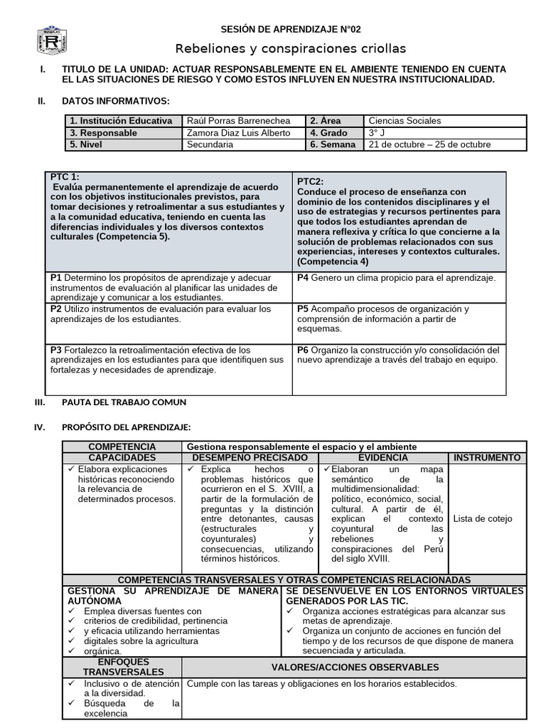 Sesion de Aprendizaje N°02 - CCSS - 3° Año - Rebeliones y Conspireaciones Criollas - Iv Bimestre ...