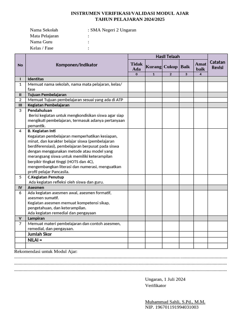 Instrumen Verifikasi Modul Ajar | PDF