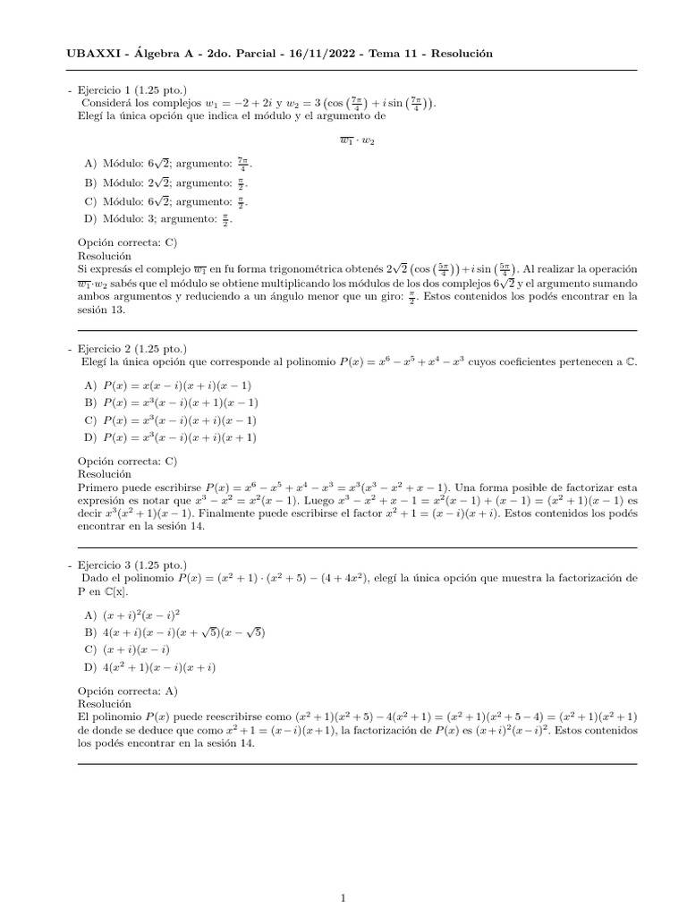 2022 2C 2P AlgebraA Tema11 Resolucion | PDF | Factorización | Raíz cuadrada