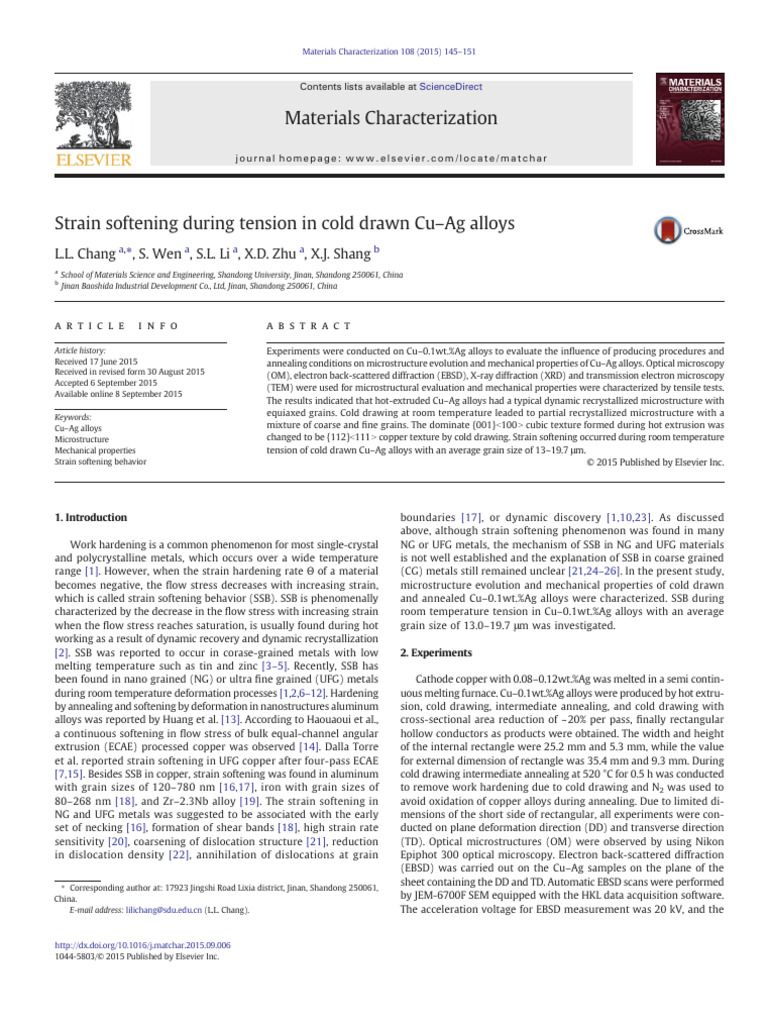 Strain Softening During Tension in Cold Drawn Cu 2015 Materials Characteriz | PDF | Dislocation ...