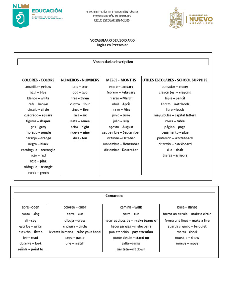 Vocabulario de Uso Diario | PDF