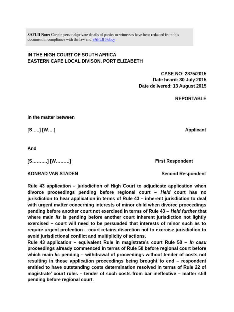 Rule 43 Application | PDF | Jurisdiction | Divorce