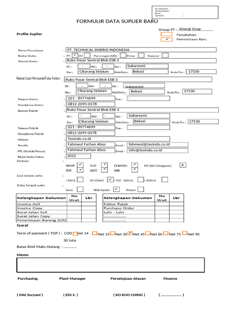 Fomulir Suplier Baru | PDF