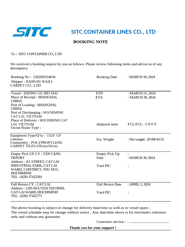 TV1 - Booking SITC | PDF