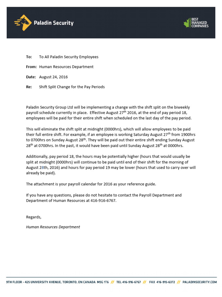 Shift Split Change Announcement | PDF