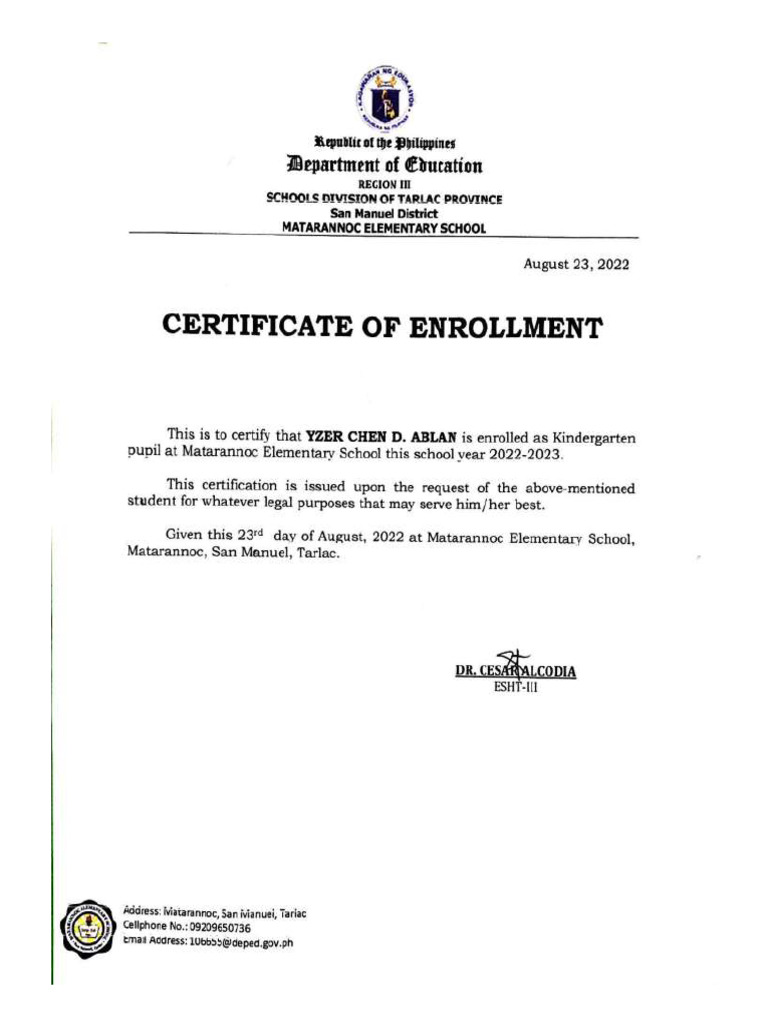 Cert of Enrollment | PDF