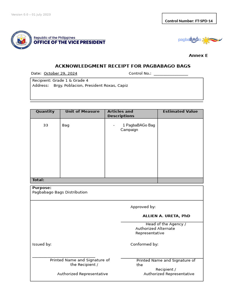 FT SPD Annex E Acknowledgment Receipt For PagbaBAGo Bags v0.0 | PDF