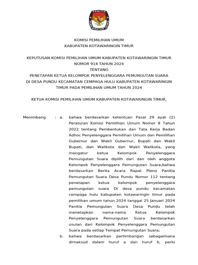 Format Keputusan Ketua KPPS Pundu | PDF