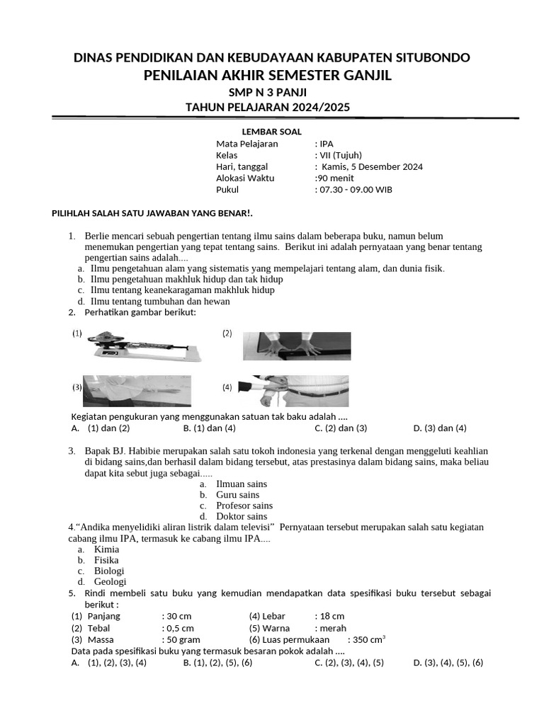 Soal Sas Ipa 7 Ganjil 2024-2025 | PDF