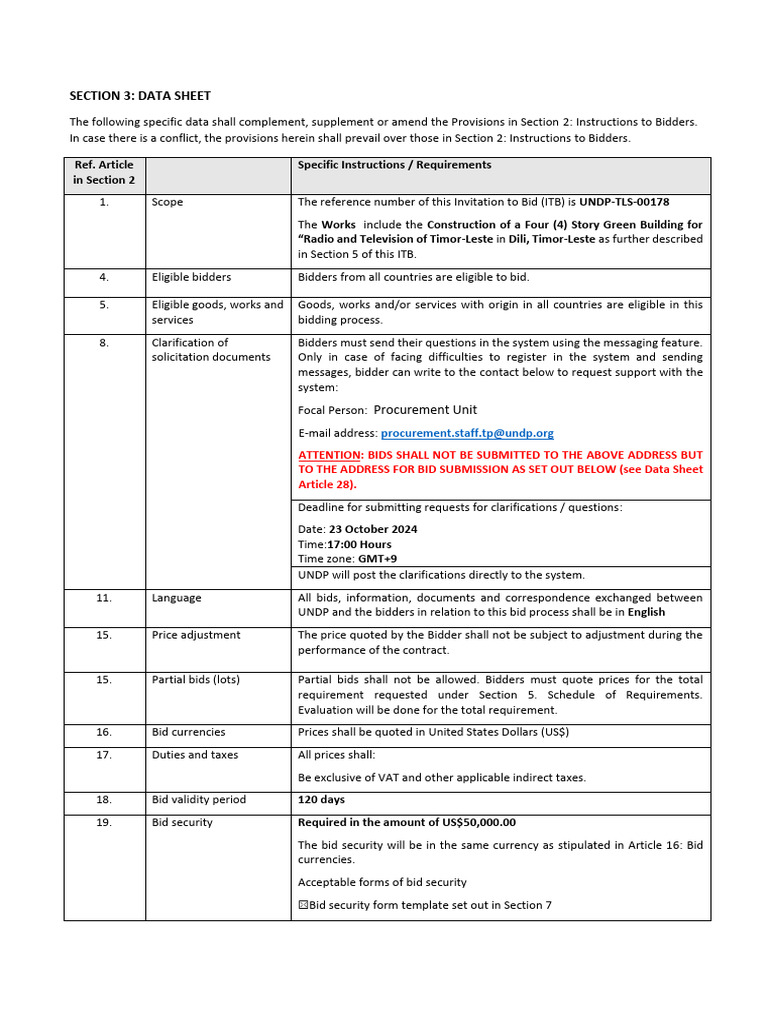 Section 3 Bid Data Sheet | PDF