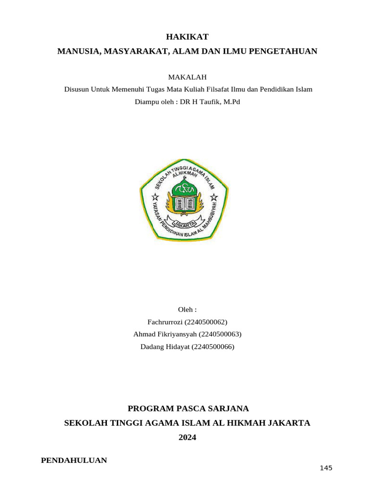 Hakikat Manusia, Alam Semesta Dan Masyarakat (Fachrurozi, Fikri Dan ...