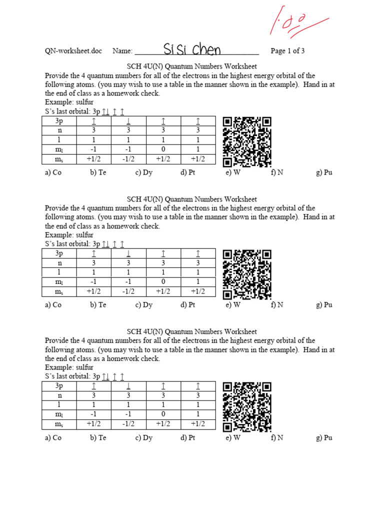 Unit 2 - Activity 6 - Quantum Numbers Worksheet | PDF | Atomic Orbital | Chemical Physics