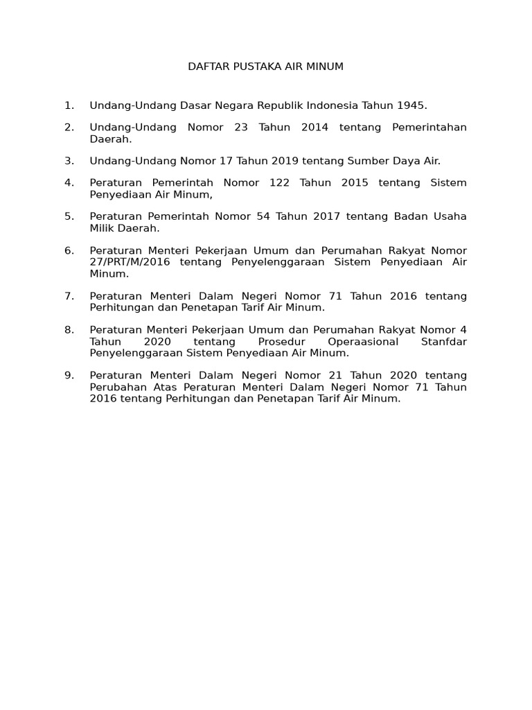 Daftar Pustaka Pengaturan Air Minum | PDF