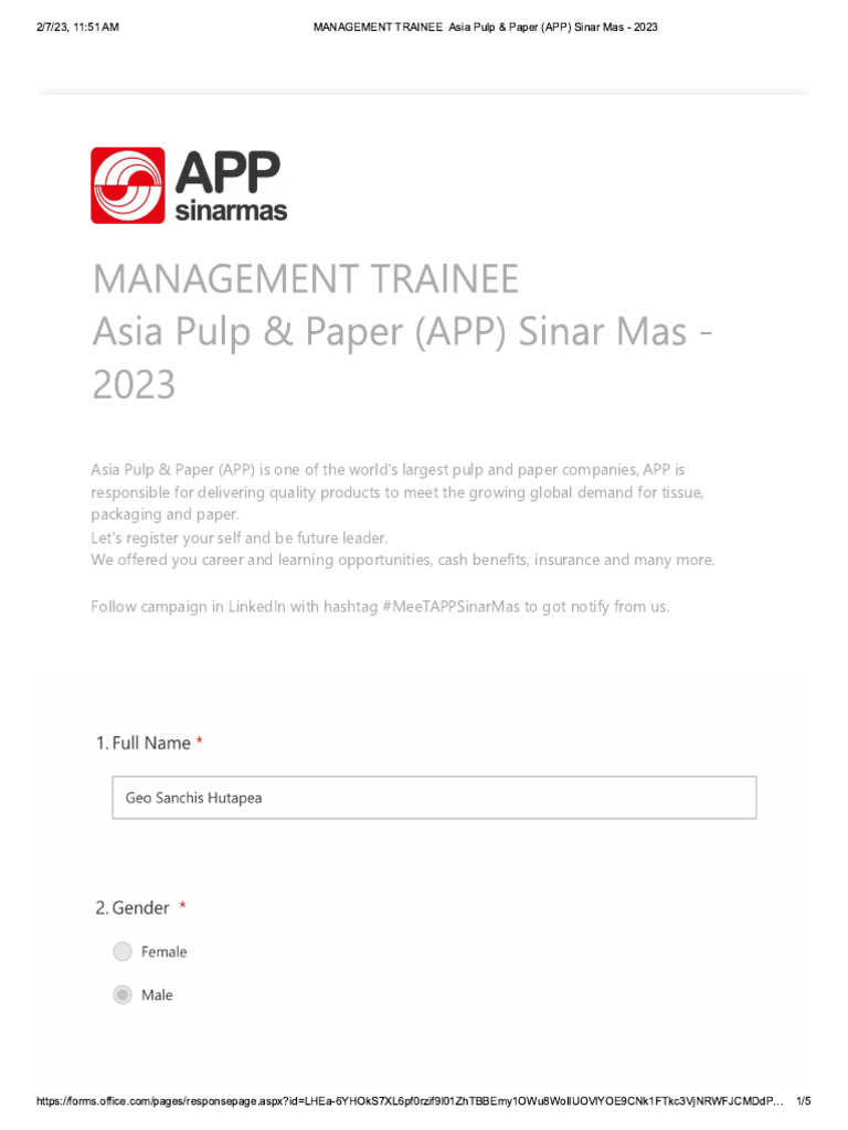 MANAGEMENT TRAINEE Asia Pulp & Paper (APP) Sinar Mas - 2023 | PDF