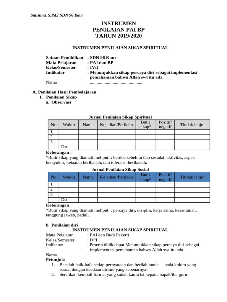Instrumen Penilaian PAI Kelas IV SDN 96 | PDF