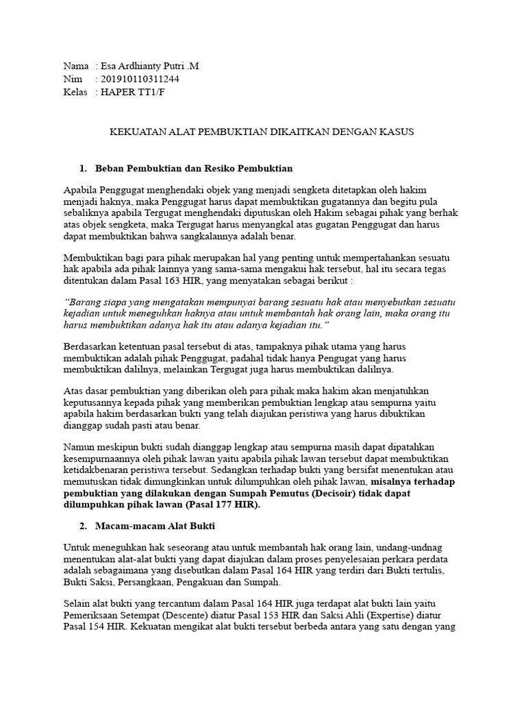 Esa Ardhianty - 2019-244 - Kekuatan Alat Bukti Dan Kasus | PDF